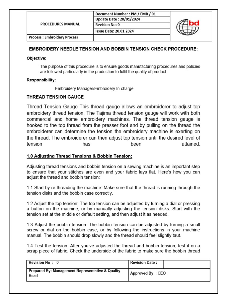 Thread Tension SOP For Embroidery | PDF | Embroidery | Sewing Machine