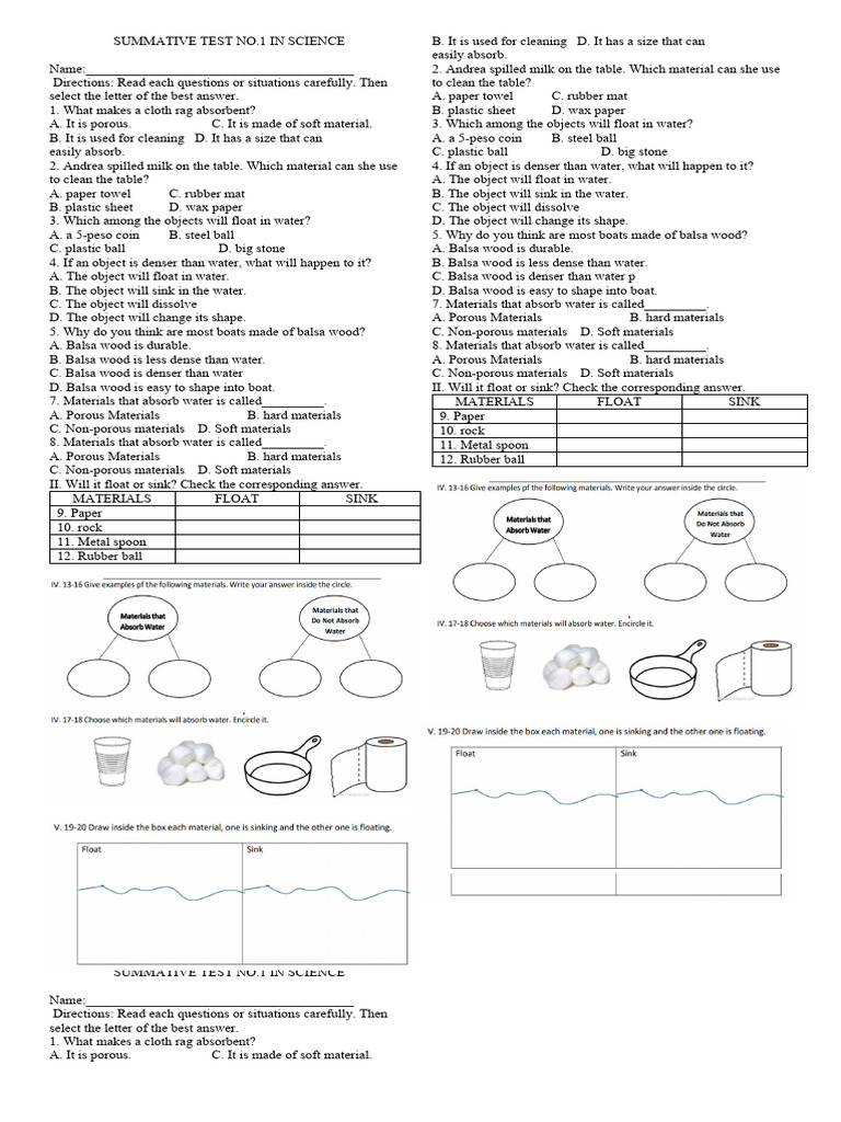 SUMMATIVE TEST NO1 in Science | PDF | Wood | Water