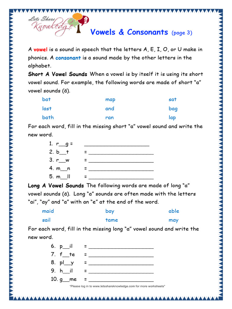 Grade 3 Grammar Worksheets Vowels Consonants 3 | PDF