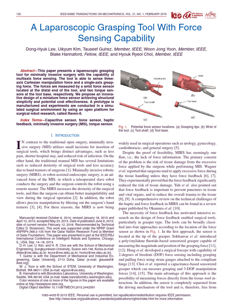 A Laparoscopic Grasping Tool With Force Sensing Capability | PDF
