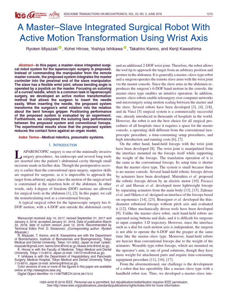 A Master– Slave Integrated Surgical Robot With Active Motion Transformation Using Wrist Axis ...