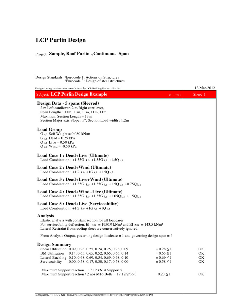 Sample - Roof Purlin, Continuous Span | PDF | Physical Sciences | Applied And Interdisciplinary ...