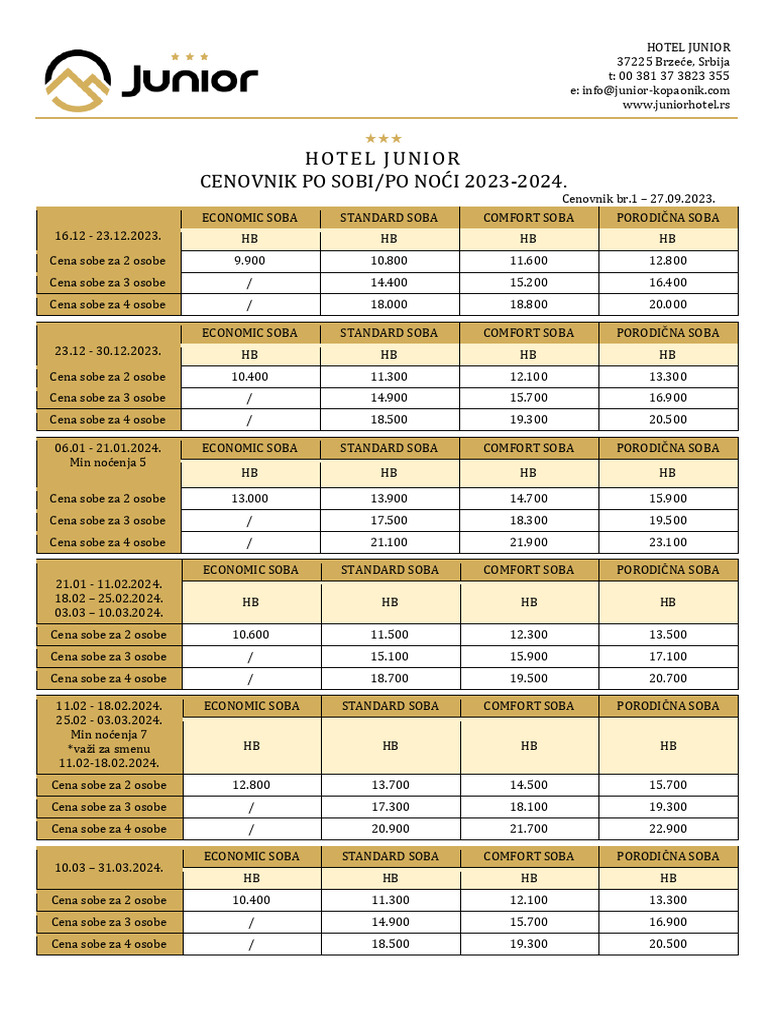 ZIMA_Hotel_Junior_2023-2024_RSD | PDF