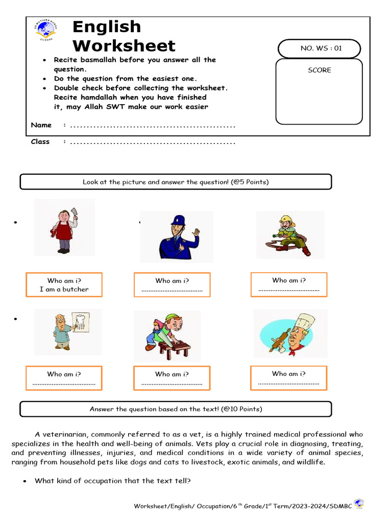 English Worksheet - Grade 6 Occupation | PDF | Health Care ...