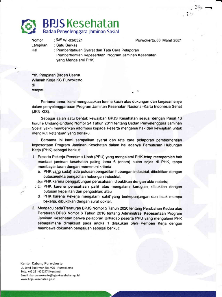 Surat Pemberitahuan Syarat Dan Tata Cara Pelaporan Pemberhentian Kepesertaan Yang Mengalami PHK ...