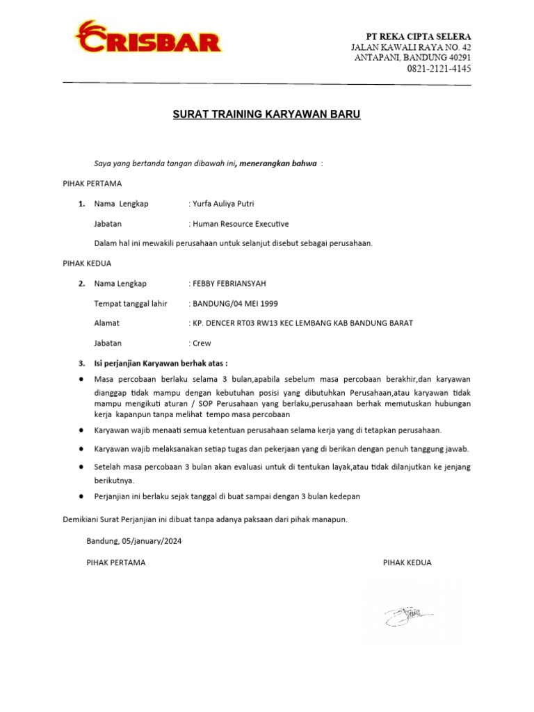 Surat Training Karyawan Baru 2022 | PDF