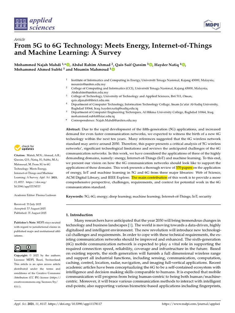Applied Sciences: From 5G To 6G Technology: Meets Energy, Internet-of-Things and Machine ...