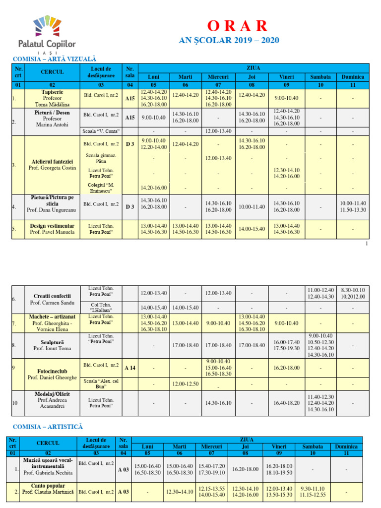 PALATUL COPIILOR IASI - Orar - An Scolar 2019 2020 - Sem - I | PDF