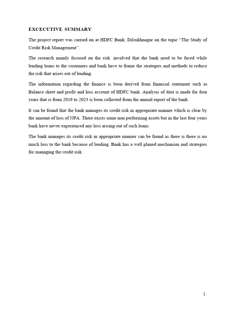 A Study On Credit Risk Management at HDFC Bank | PDF | Banks | Credit