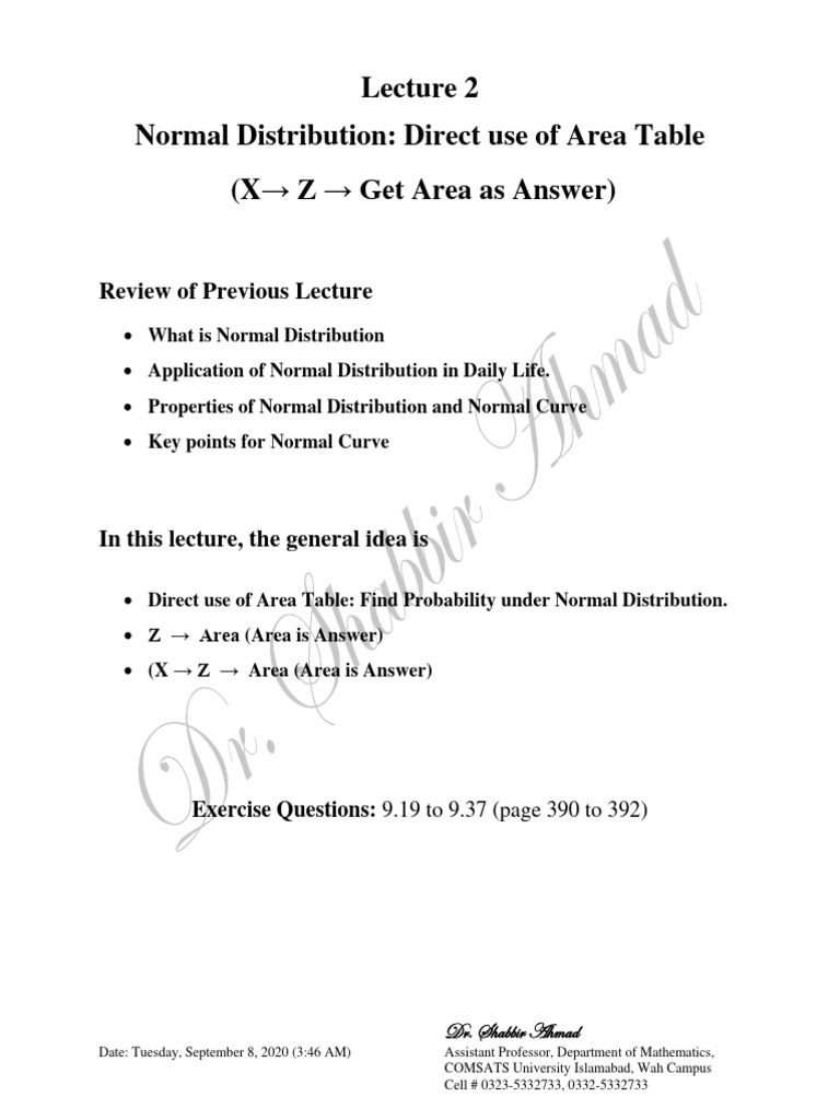 Lec-2 (Direct Use of Area Table (X Z Get Area As Answer) - MTH264 | PDF | Normal Distribution ...