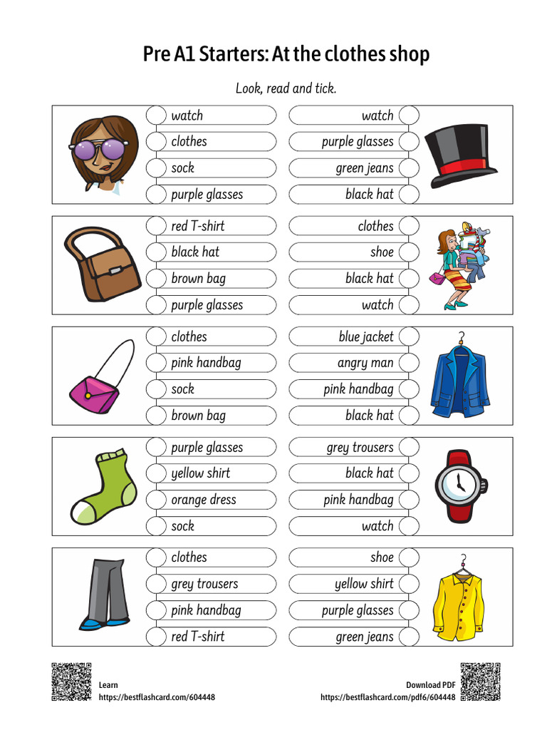 Quiz - Pre A1 Starters - at The Clothes Shop | PDF | Clothing | Uniforms