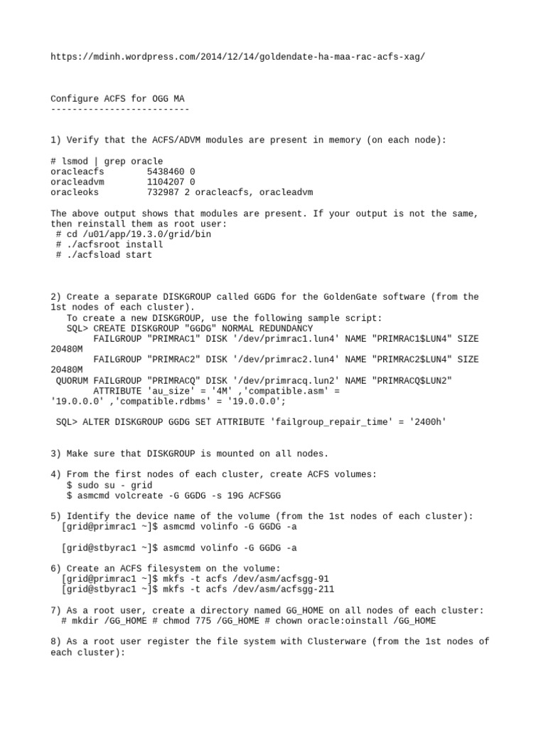 Configure ACFS for Oracle GoldenGate | PDF | File System | Computer ...