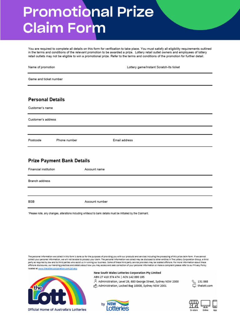 NSWL - The Lott - Promo Prize Claim Form NSW - October 2023 | PDF ...