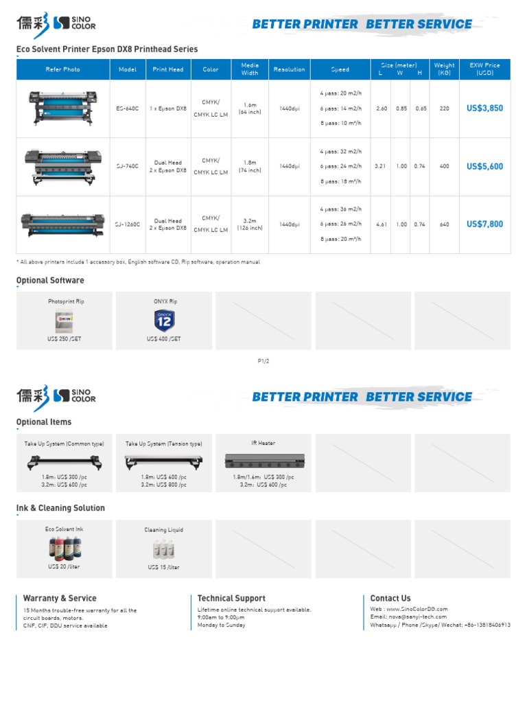 Price List - Sinocolor ES640C SJ740C, SJ1260C Eco Solvent Printer | PDF | Printer (Computing ...