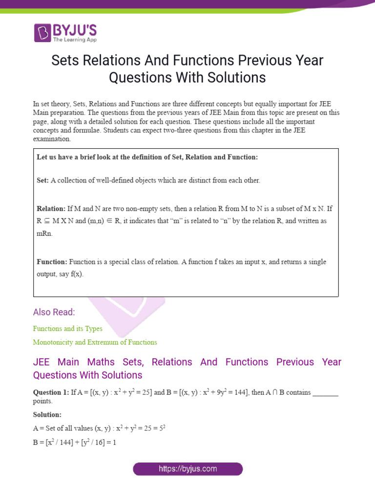 Sets Relations and Functions Previous Year Questions With Solutions | PDF | Function ...