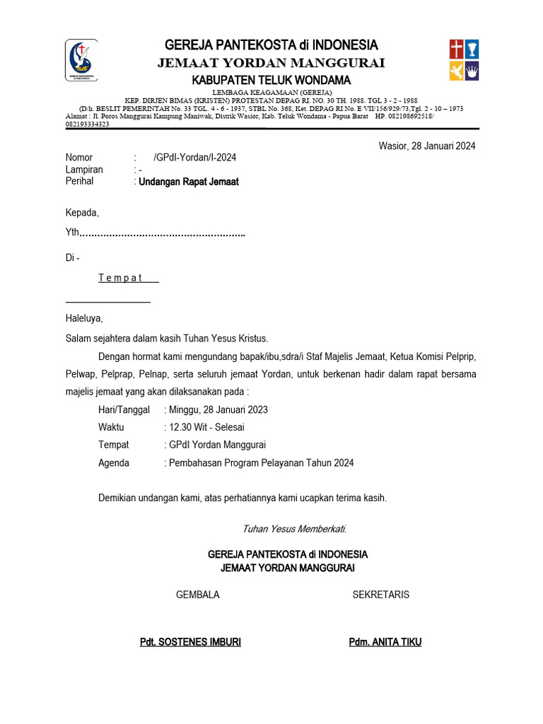 Undangan Rapat Jemaat Yordan 2024 | PDF