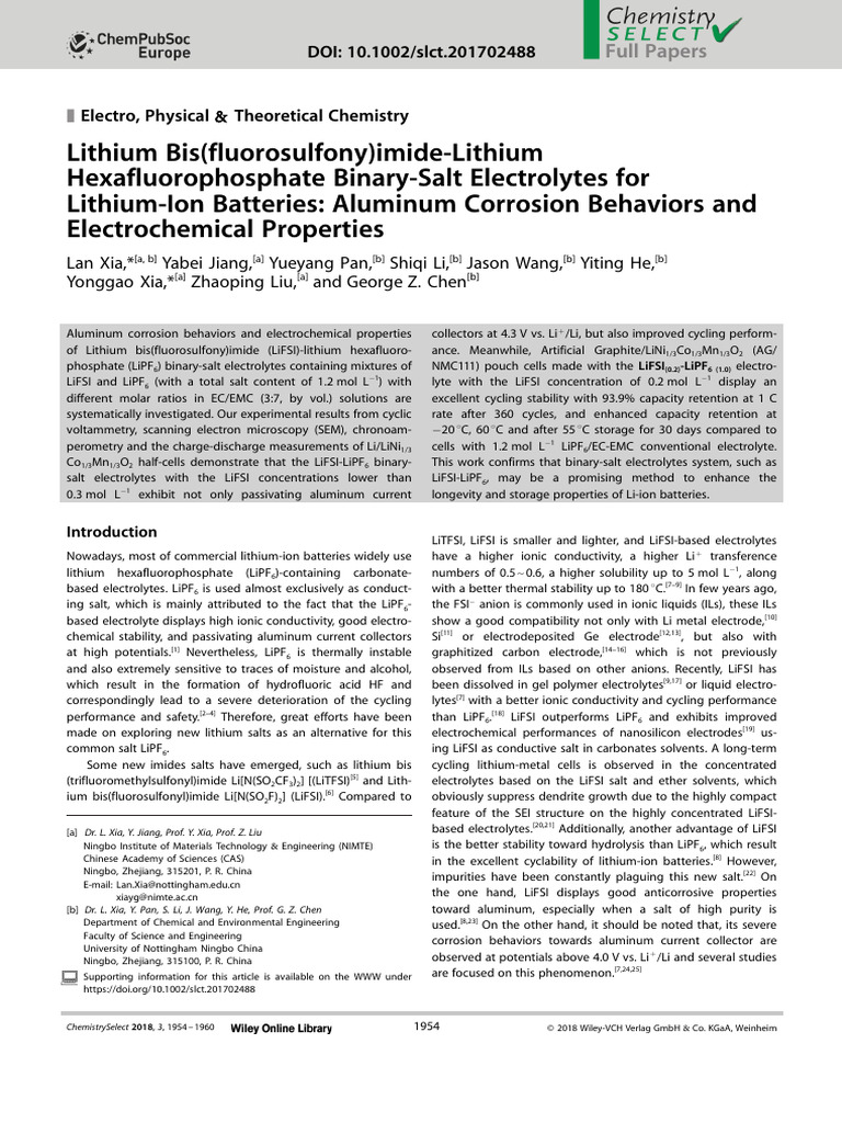 Lithium Bis (Fluorosulfony) Imide-Lithium Hexafluorophosphate Binary ...