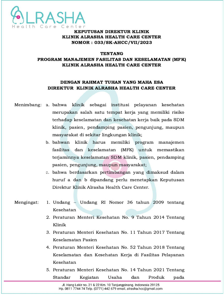 SK Program Manajemen Fasilitas Dan Keselamatan (MFK) KP Alrasha | PDF