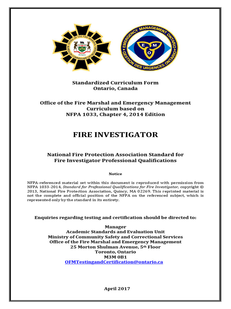 Fire Investigator (NFPA 1033-2014) - OFMEM Standardized Curriculum Form ...
