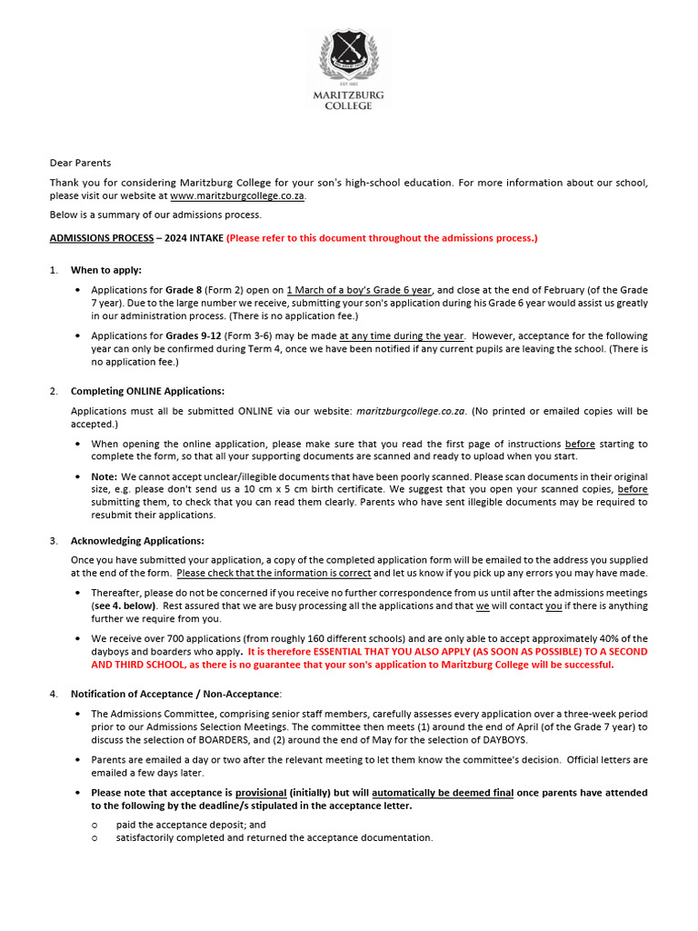 Admissions Process 2024 Intake | PDF