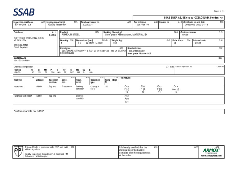 Ssab Emea Ab, Se-613 80 Oxelösund, Sweden: Carbon Equivalent Etc C93 ...