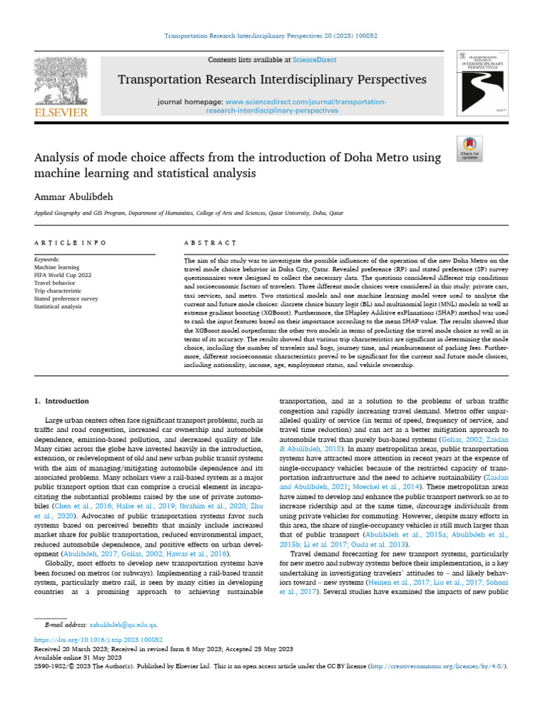 Analysis of Mode Choice Affects From The Introduction of Doha Metro Using Machine Learning and ...