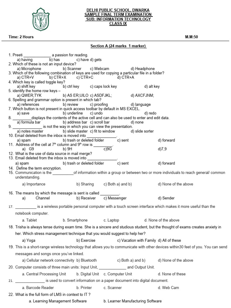 Class 9 Final Term IT Samplepaper | PDF | Wireless | Computing