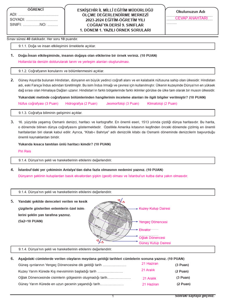 2023-2024 9. Sinif 1. Doynem 1. Sinav Oyrnek Sorulari - Cevap Anahtari | PDF