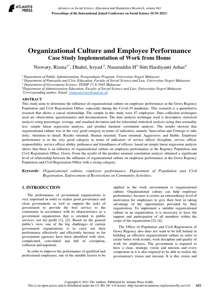 Organizational Culture and Employee Performance: Case Study Implementation of Work From Home ...
