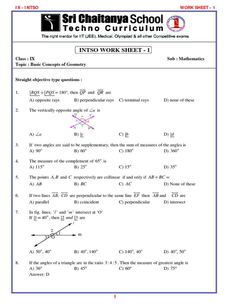 Basic Geometry Concepts Worksheet IX | PDF | Line (Geometry) | Angle