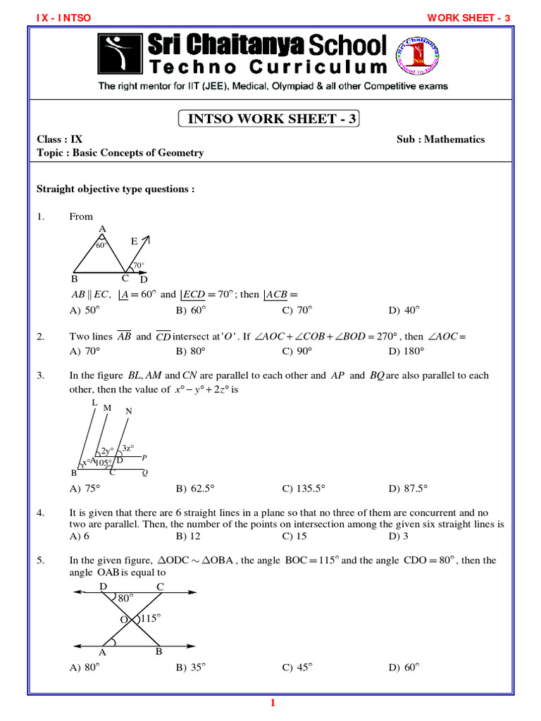 9 - Class INTSO Work Sheet - 3 - Basic Concepts of Geometry | PDF ...