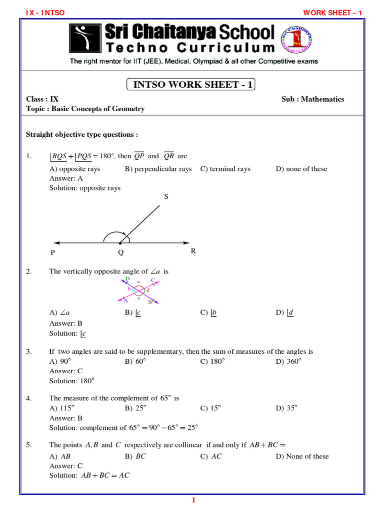 9 - Class INTSO Work Sheet - 1 - Basic Concepts of Geometry | PDF ...