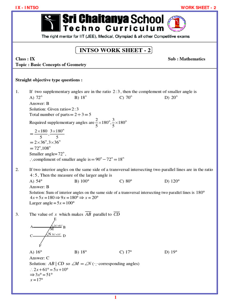 9 - Class INTSO Work Sheet - 2 - Basic Concepts of Geometry | PDF | Triangle Geometry | Mathematics