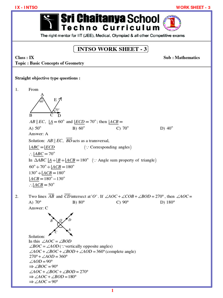 9 - Class INTSO Work Sheet - 3 - Basic Concepts of Geometry | PDF | Triangle | Angle