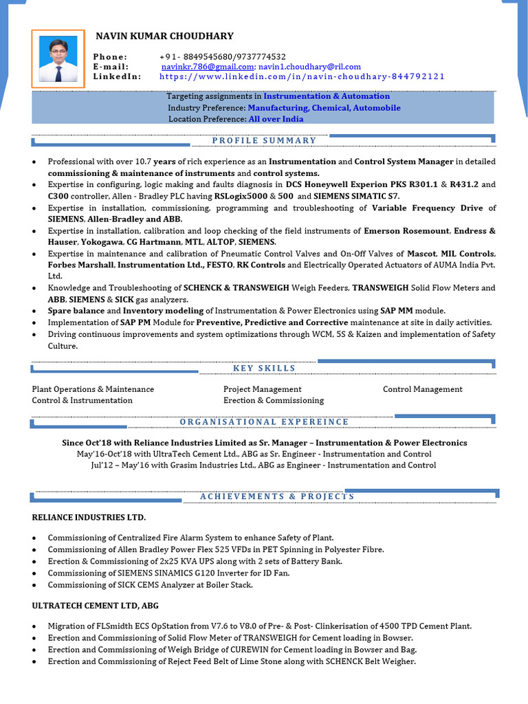 CV - Navin Choudhary | PDF | Instrumentation | Cement