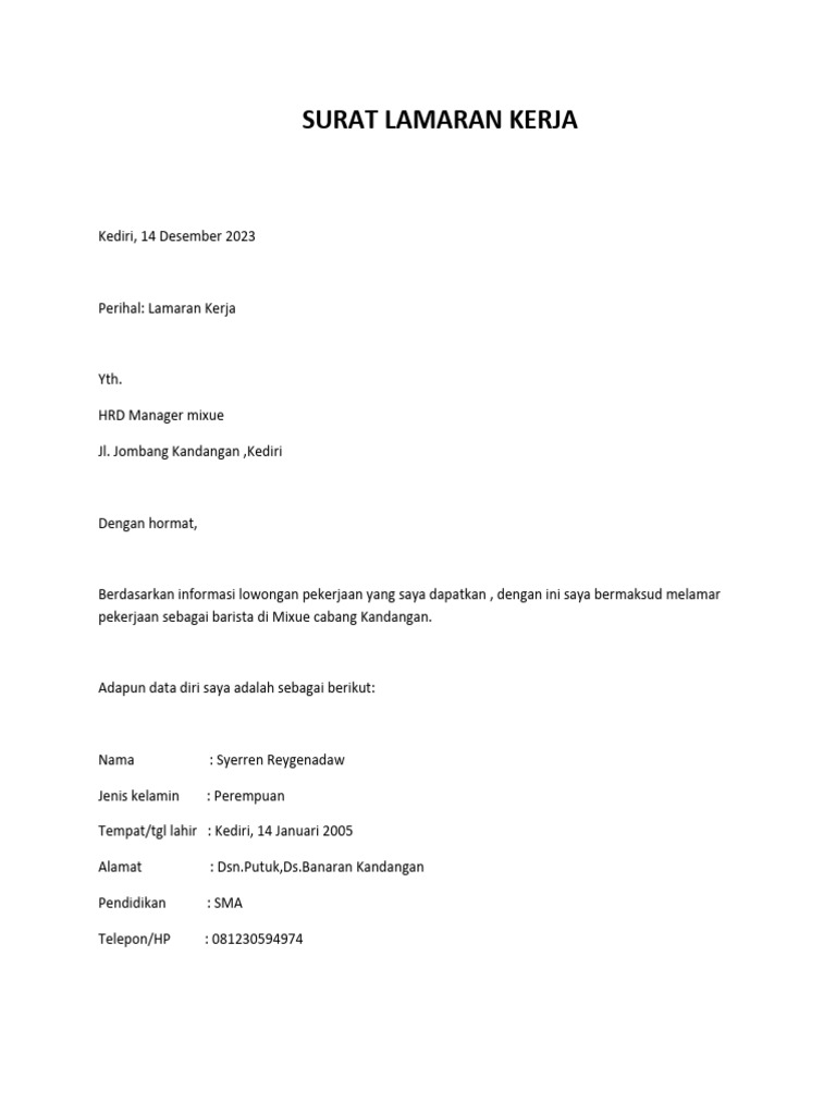 Surat Lamaran Kerja Barista Mixue | PDF