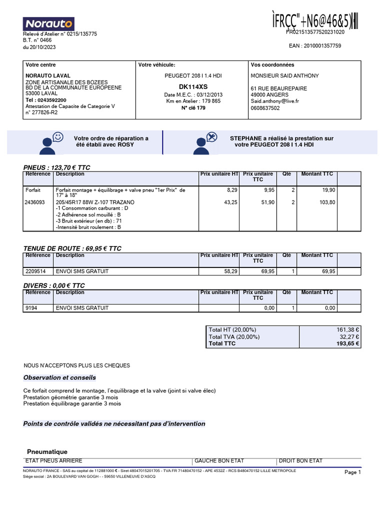 Facture Norauto Pneu Et Parallelisme. | PDF | Taxe sur la valeur ...