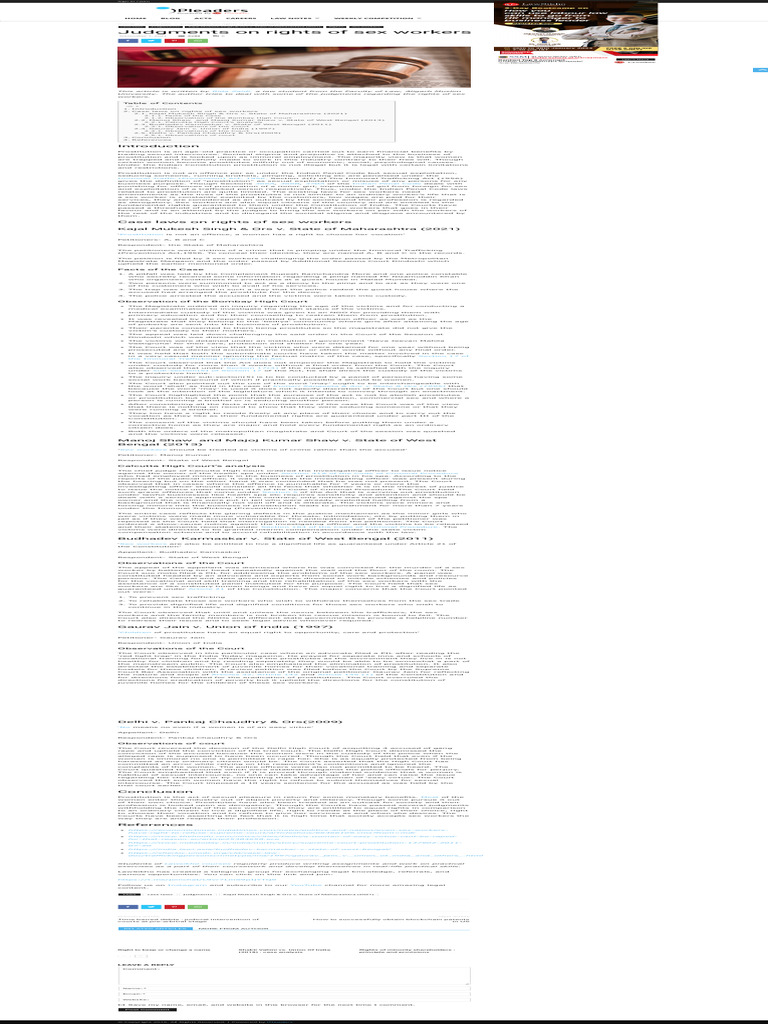 Judgments On Rights of Sex Workers - Ipleaders | PDF | Prostitution | Sex Trafficking