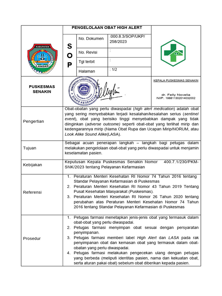 Sop Pengelolaan Obat High Alert | PDF
