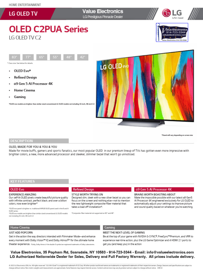 LG Oled C2pua Series Spec Sheet | PDF | Hdmi | Oled