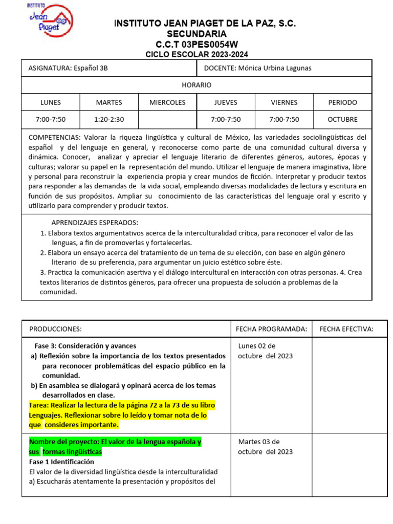 Programa de Actividades 3B Español Octubre | PDF | Evaluación | Lingüística
