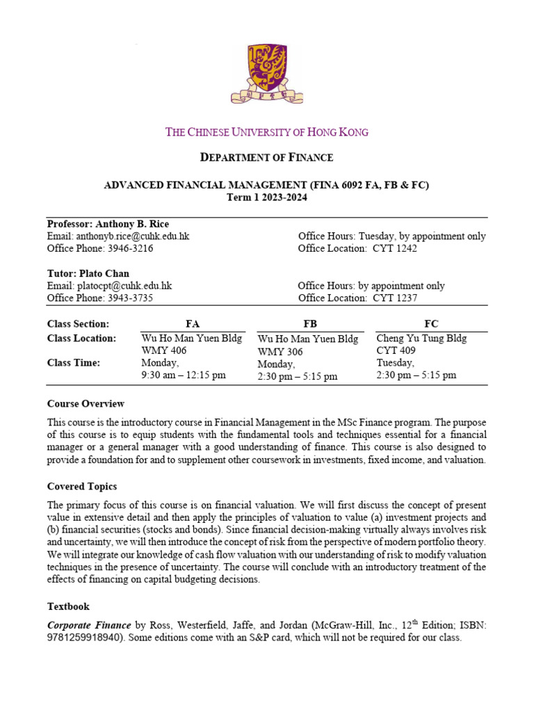 Syllabus FINA 6092 - Advanced Financial Management | PDF | Valuation ...