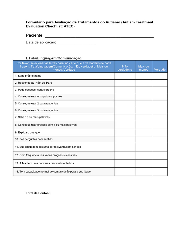 ATEC - Avaliação de Tratamentos Do Autismo | PDF