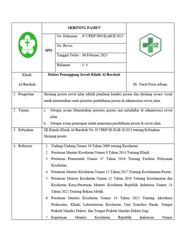 Ep 3.3.3 Sop Skrining Pasien Fix | PDF | Sains & Matematika