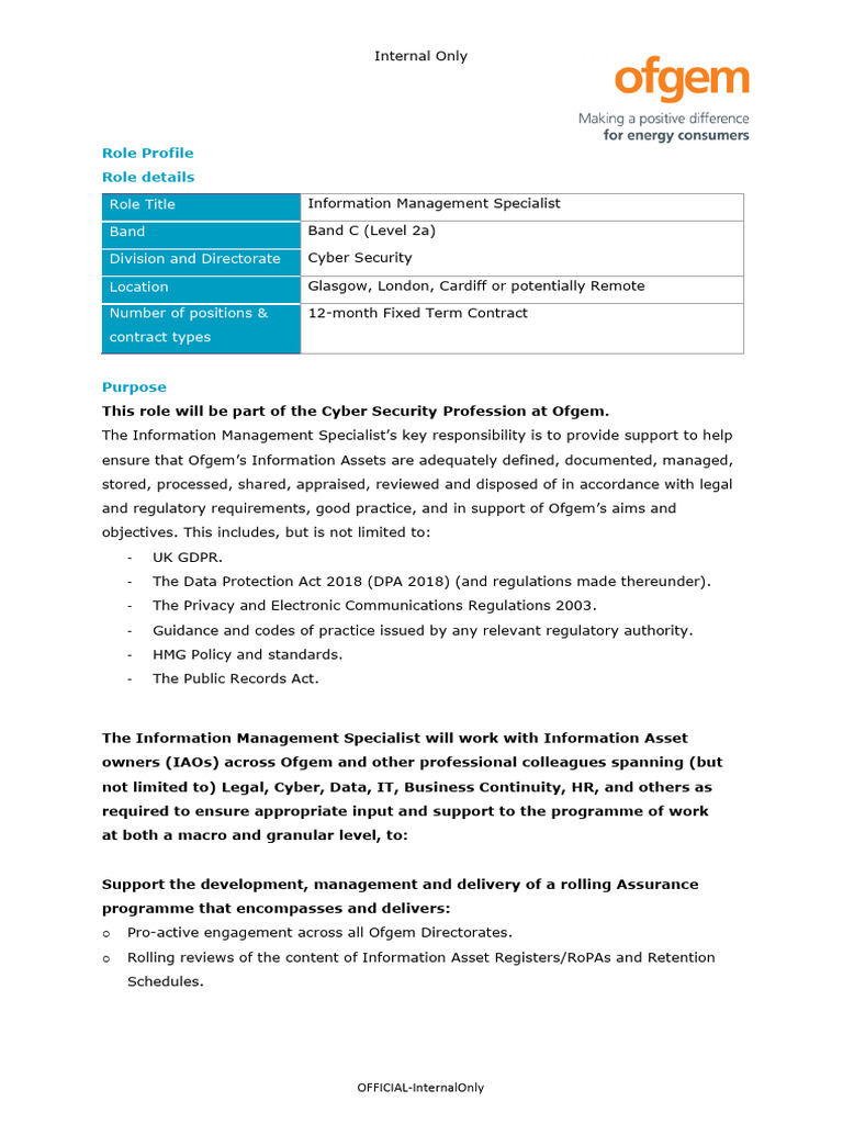 Role Profile Role Details: Role Title Band Division and Directorate ...