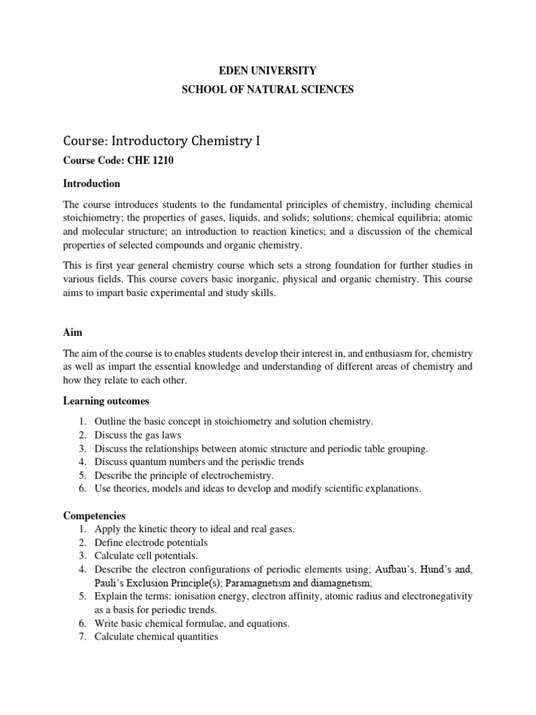 Che 1210 Course Outline | PDF
