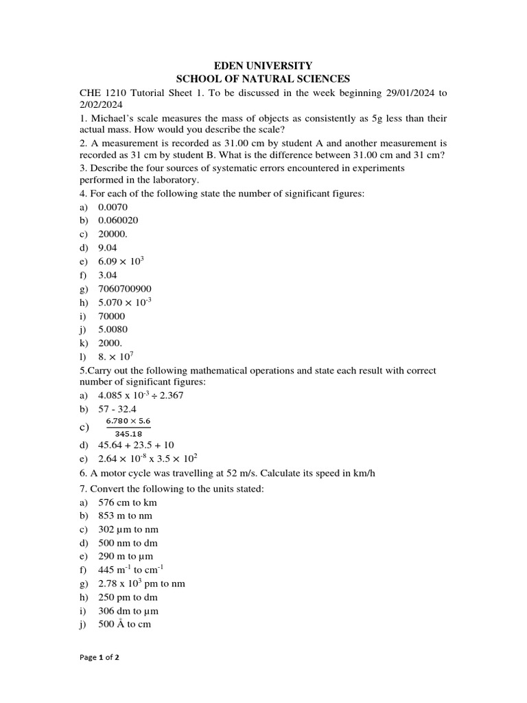 Chemistry Student Tutorial Sheet | PDF | Accuracy And Precision | Science