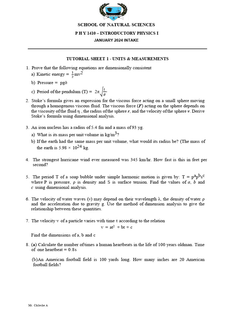 PHY - 1410 - Tutorial Sheet 1 - Physical Quantities & Dimensional Analysis | PDF