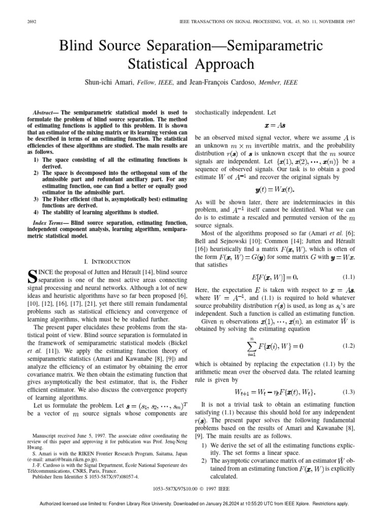 Blind Source Separation Semiparametric Statistical Approach Pdf Estimator Matrix