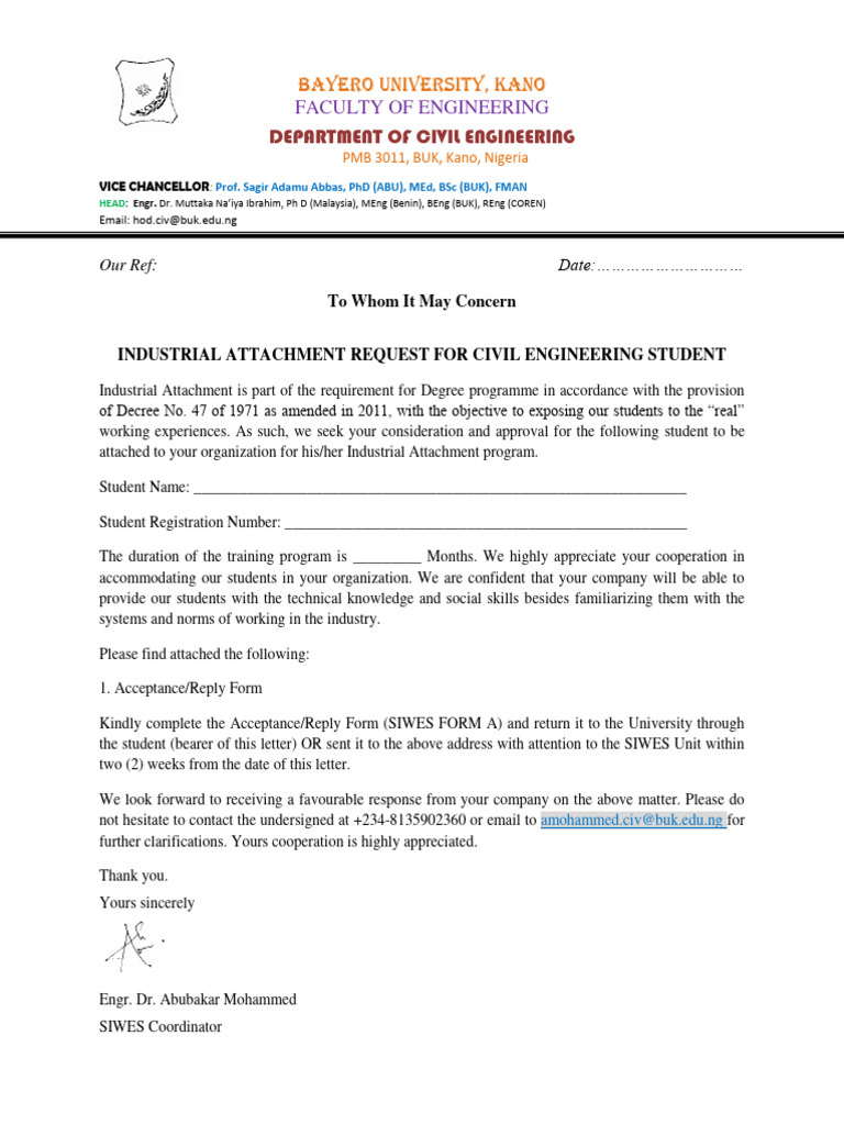 Siwes Request Form 2023 | PDF | Titles | Vocational Education